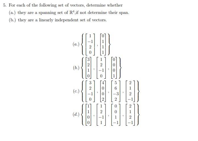 Solved 5. For each of the following set of vectors, | Chegg.com
