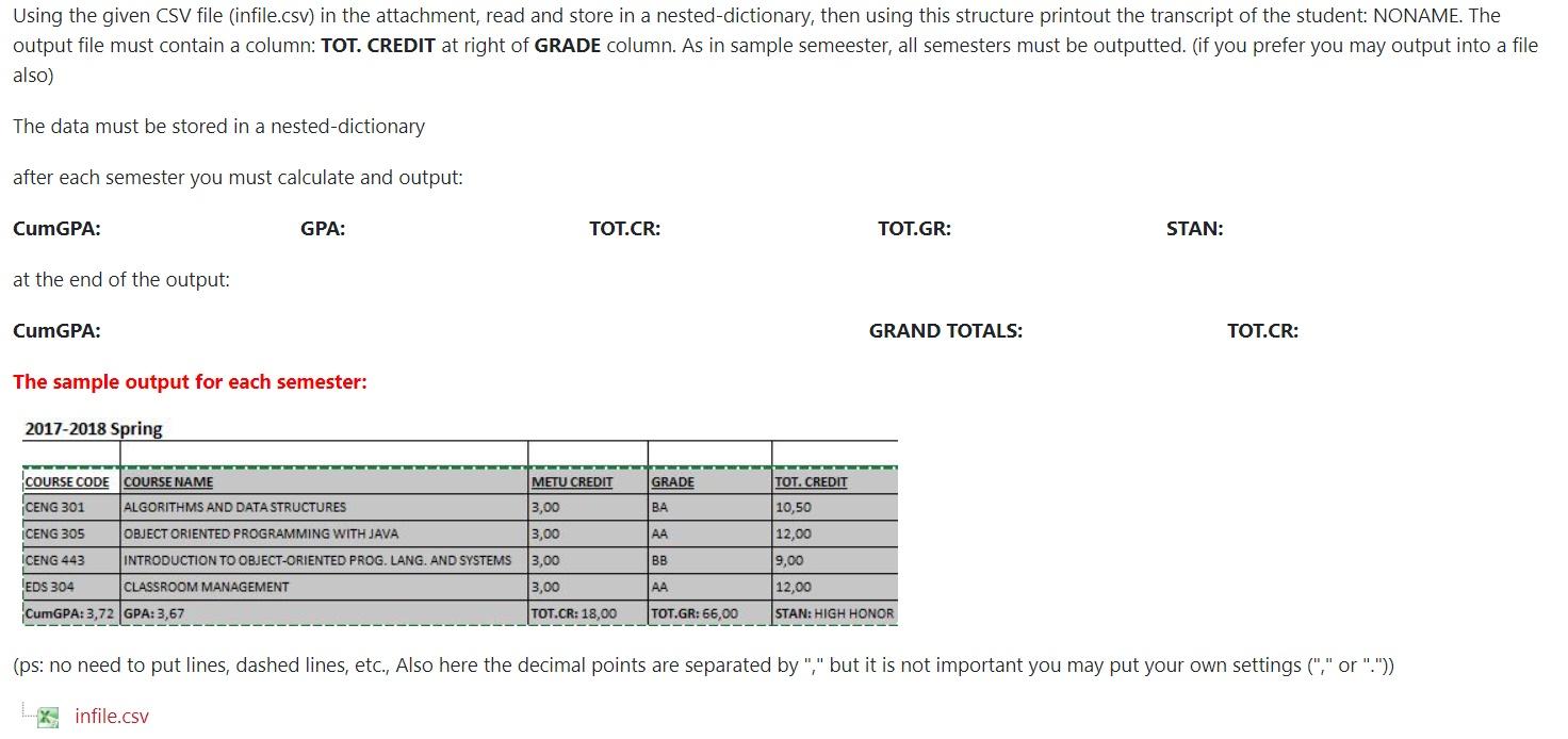 Using the given CSV file (infile.csv) in the | Chegg.com