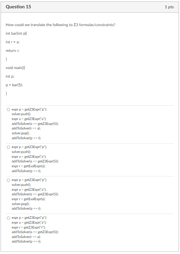 Solved This quiz focuses on predicate logic and Z3 formulas, | Chegg.com