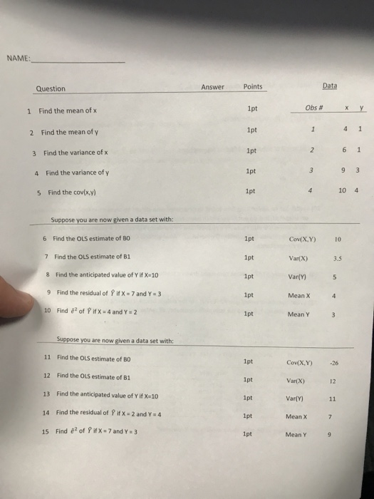 Solved NAME: Question AnswerPoints Obs # 1pt 1pt 1pt xy Find | Chegg.com