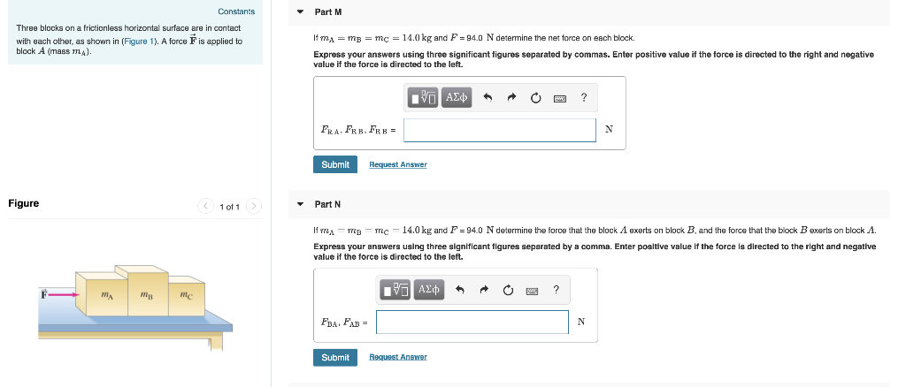Solved Constants Three blocks on a frictionless horizontal | Chegg.com