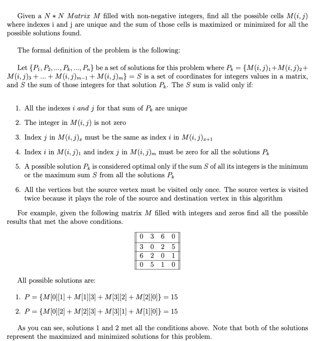 Given a N∗N Matrix M filled with non-negative | Chegg.com