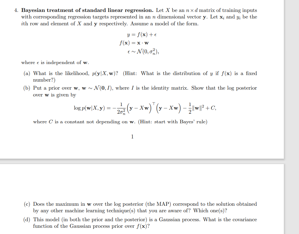 Solved 4. Bayesian treatment of standard linear regression. | Chegg.com
