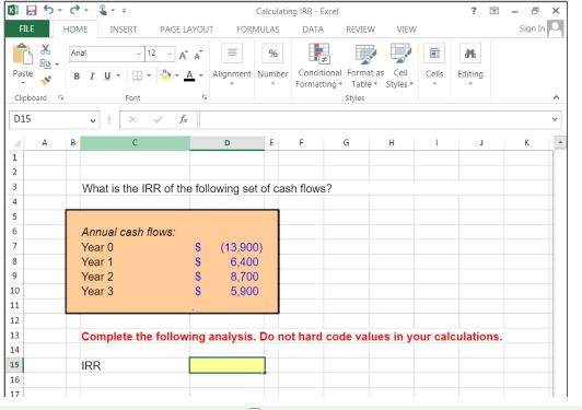 Solved 2 5 FILE . . HOME . = INSERT Calculating IRR - Excel | Chegg.com