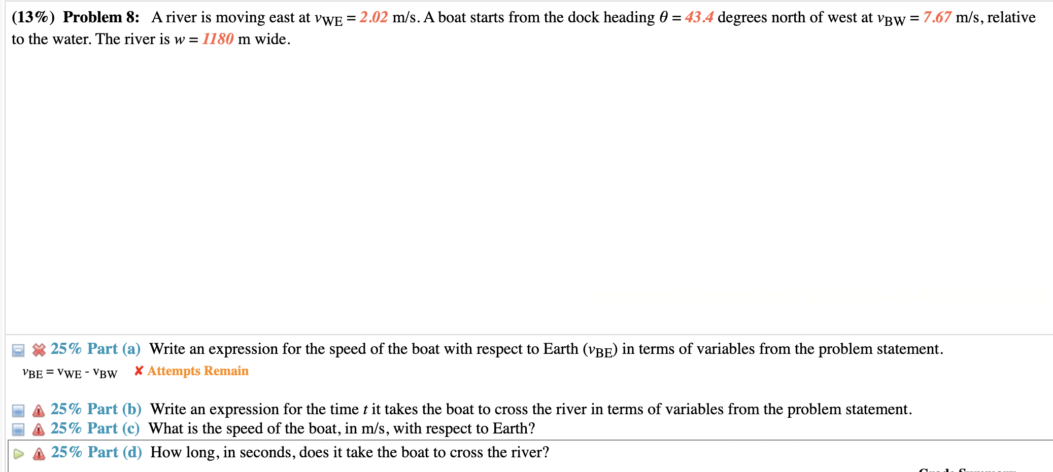 Solved (13\%) Problem 8: A river is moving east at vWE=2.02 | Chegg.com