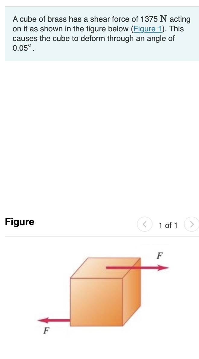 Solved A cube of brass has a shear force of 1375 N acting on | Chegg.com