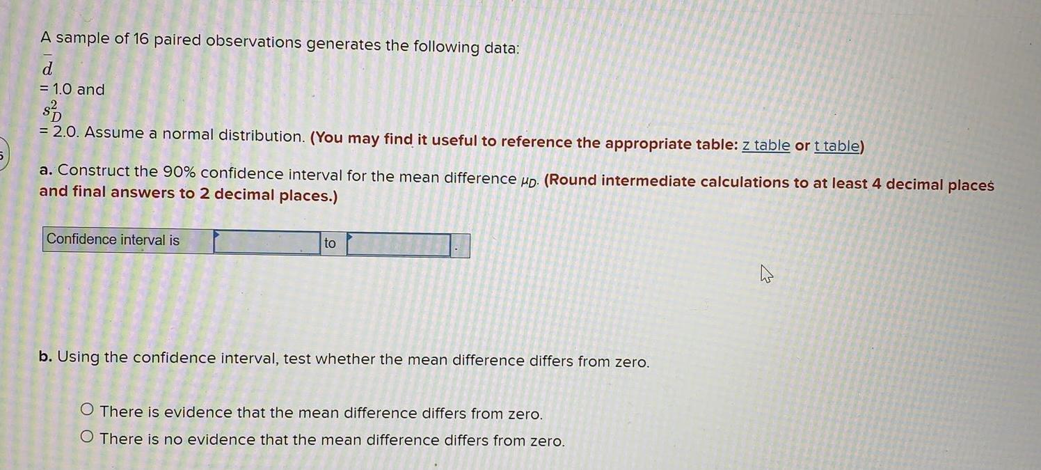Solved A sample of 16 paired observations generates the | Chegg.com