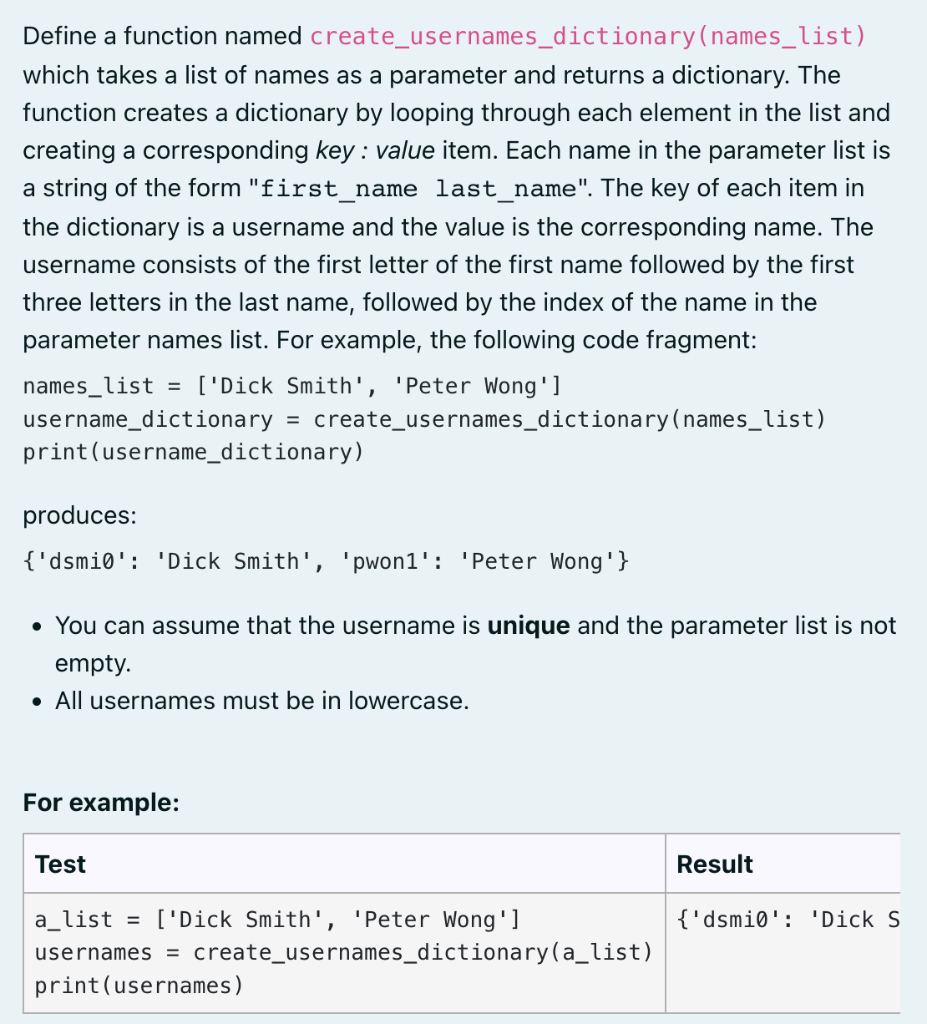 Solved Define a function named create_usernames_dictionary | Chegg.com