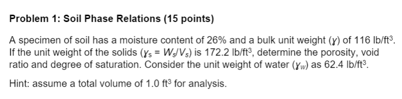 Solved Problem 1: Soil Phase Relations (15 points) A | Chegg.com