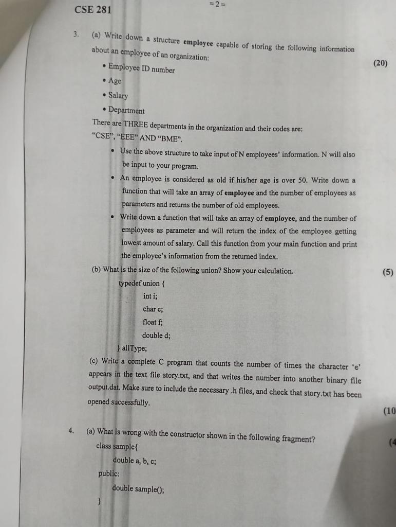 Solved 3. (a) Write down a structure employee capable of | Chegg.com