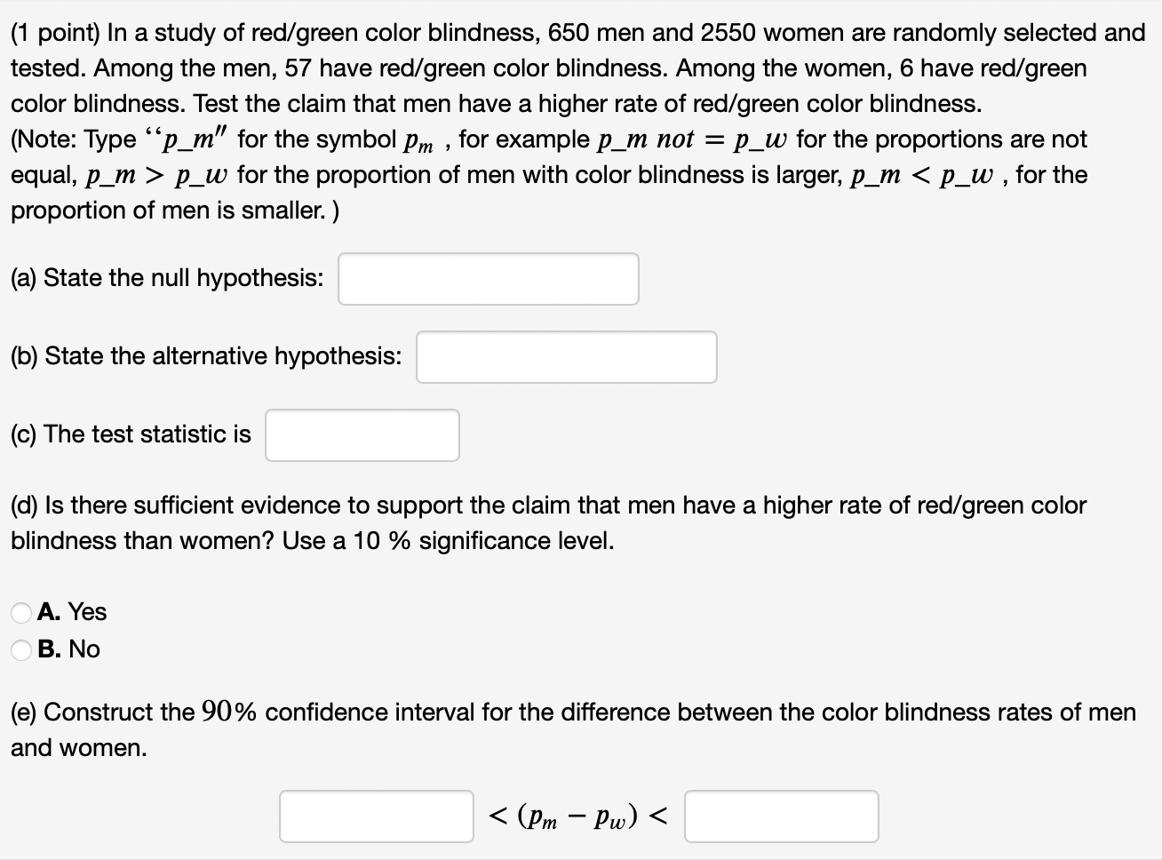 Solved (1 point) In a study of red/green color blindness, | Chegg.com