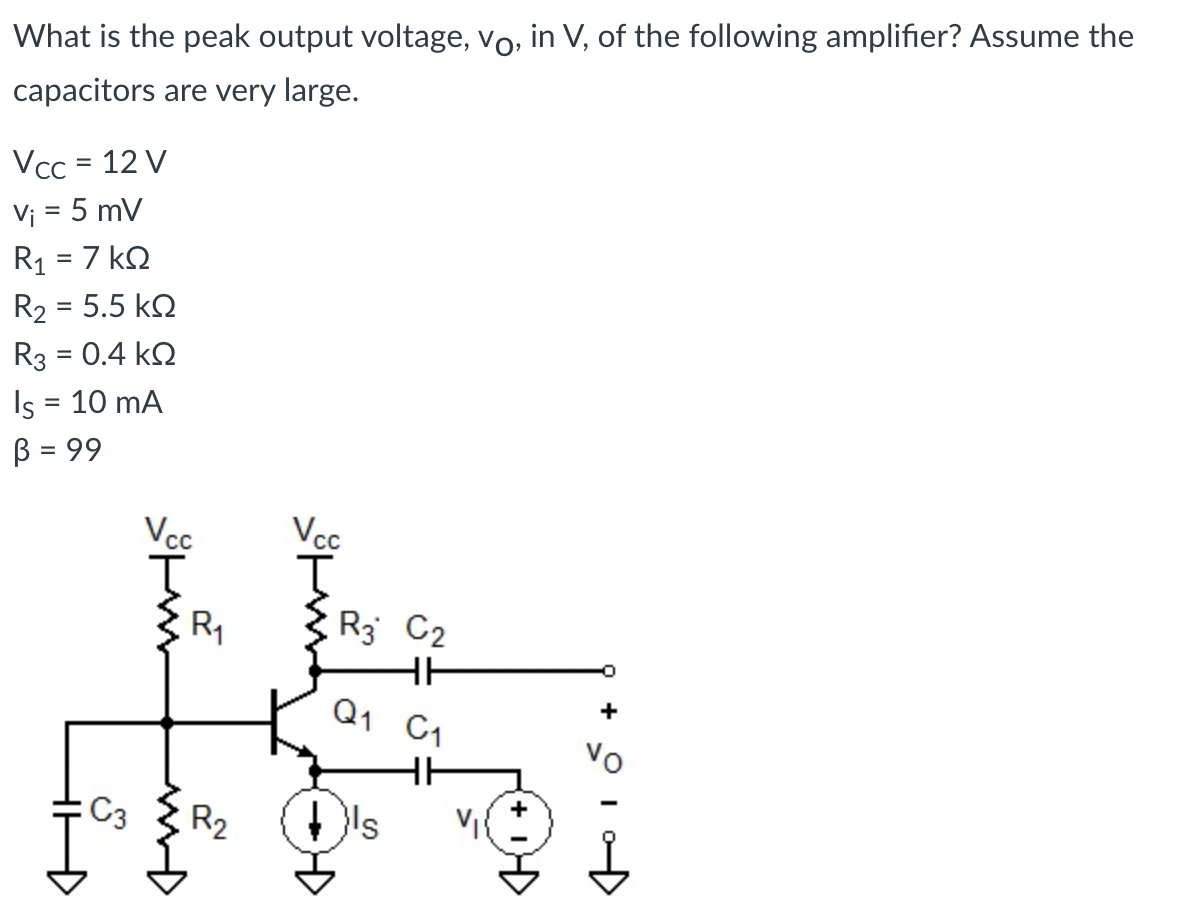 Solved What is the peak output voltage, v0, in V, of the | Chegg.com