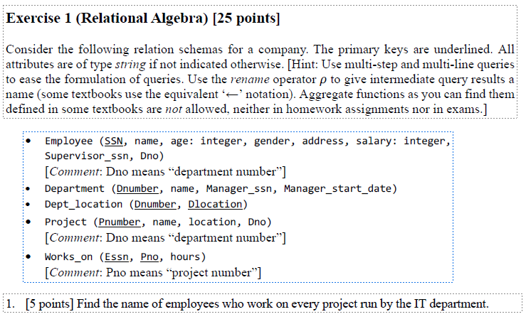Solved Exercise 1 (Relational Algebra) (25 points] Consider | Chegg.com