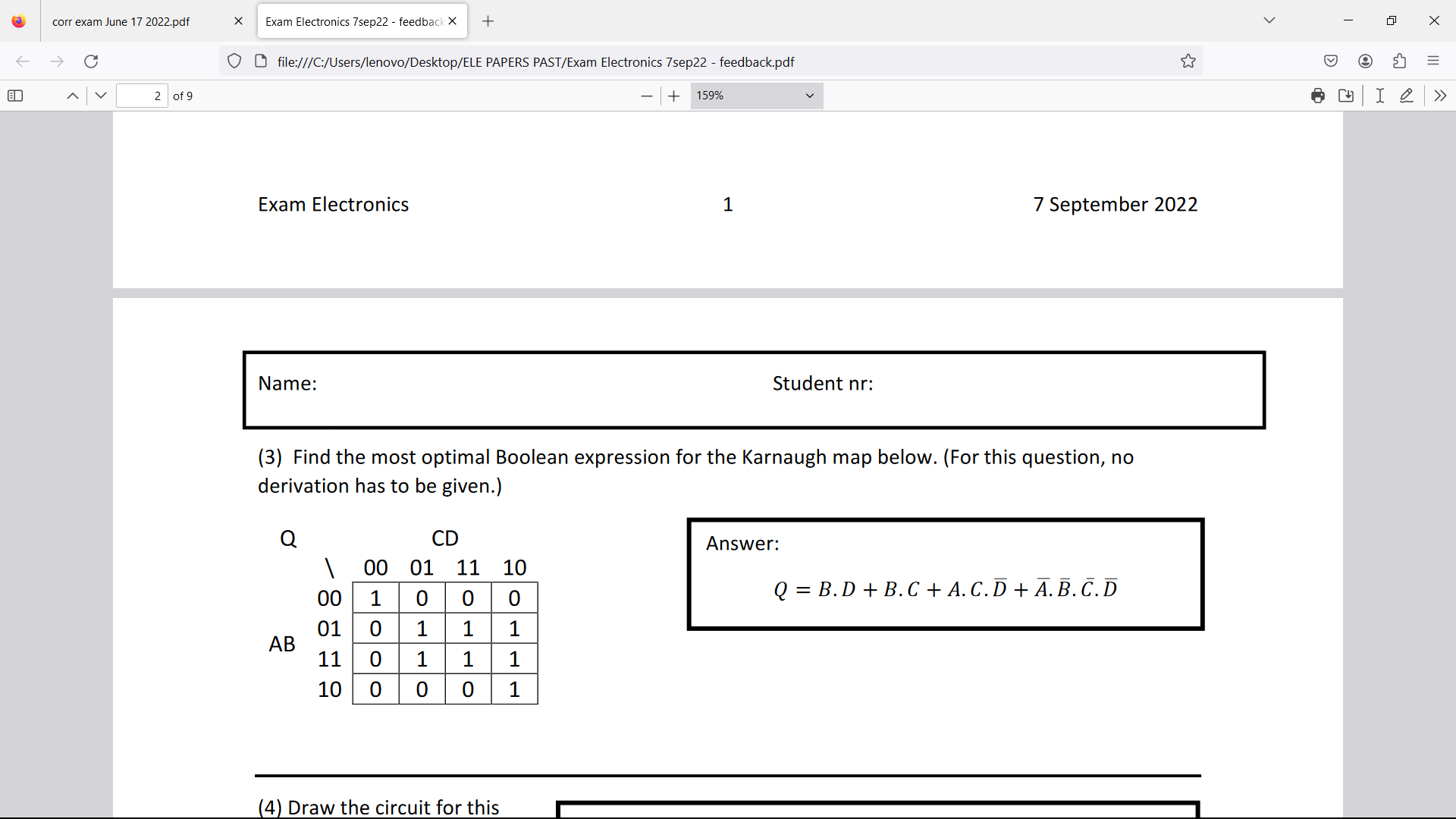 Solved Exam Electronics 1 7 September 20 Name: Student nr: | Chegg.com