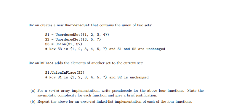 Solved 2. Implementations of Set Operations. Consider the | Chegg.com