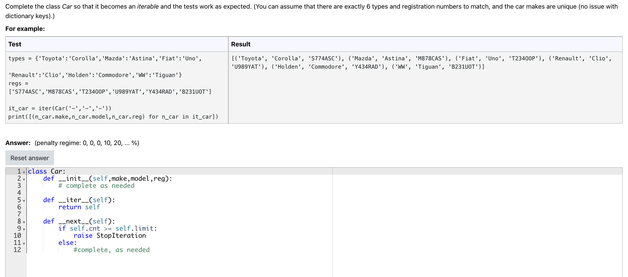 Solved Complete the class Car so that it becomes an iterable | Chegg.com