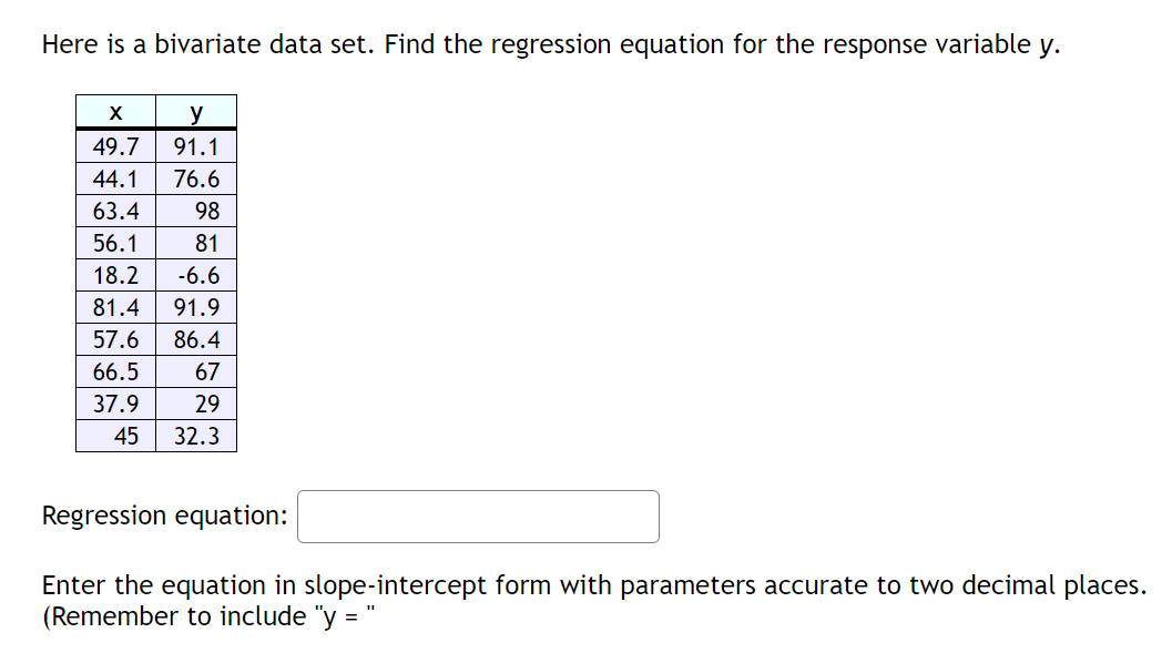 Solved Here is a bivariate data set. Find the regression | Chegg.com