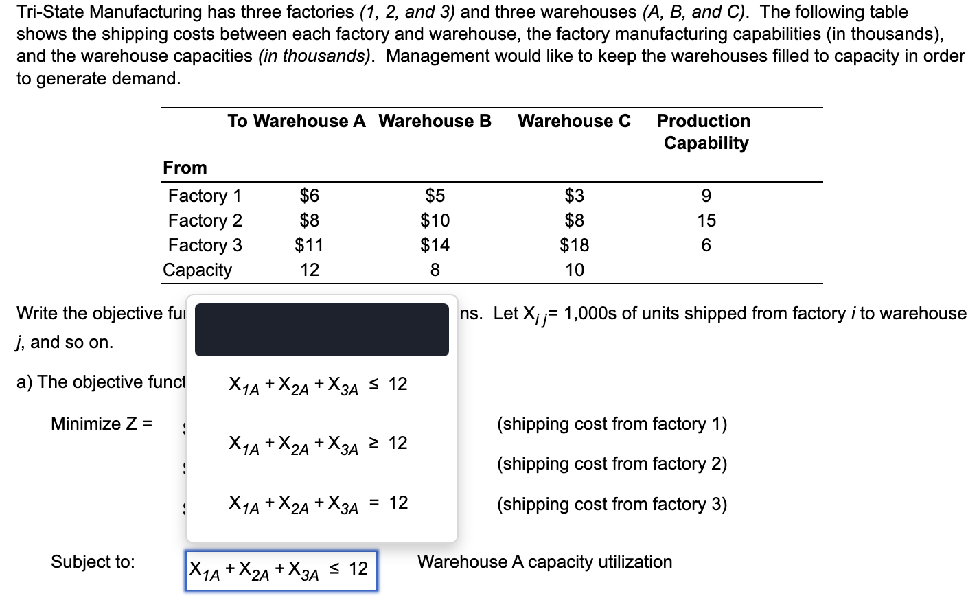 Tri-State Manufacturing has three factories (1,2, and | Chegg.com