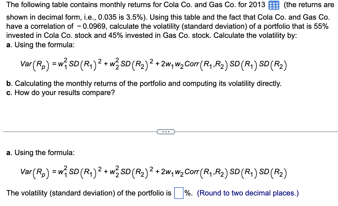 Solved The following table contains monthly returns for Cola | Chegg.com