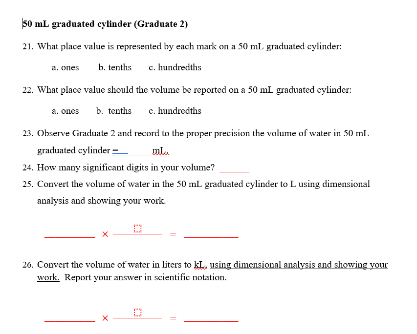 Solved 50 mL graduated cylinder (Graduate 2) 21. What place | Chegg.com