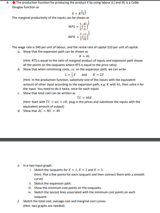 Solved The production function for producing the product X | Chegg.com