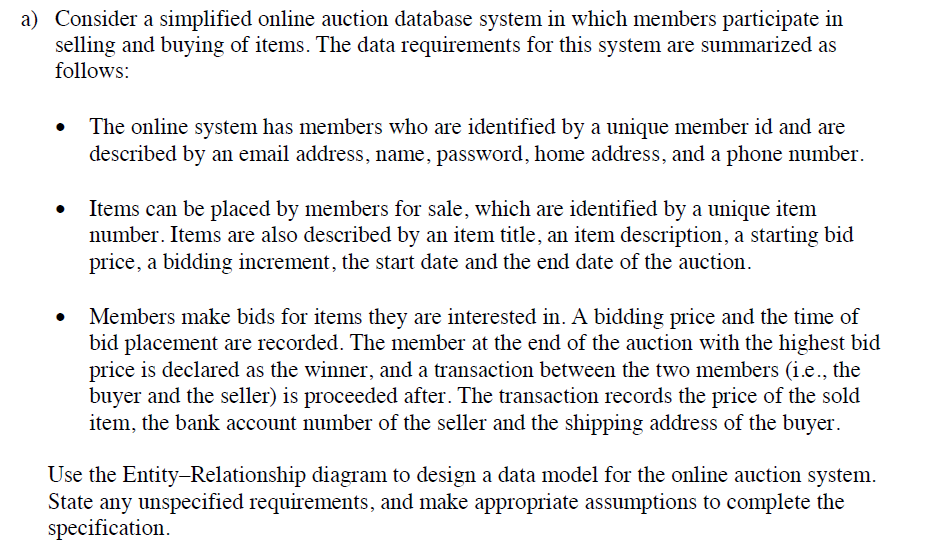 Solved a) Consider a simplified online auction database | Chegg.com