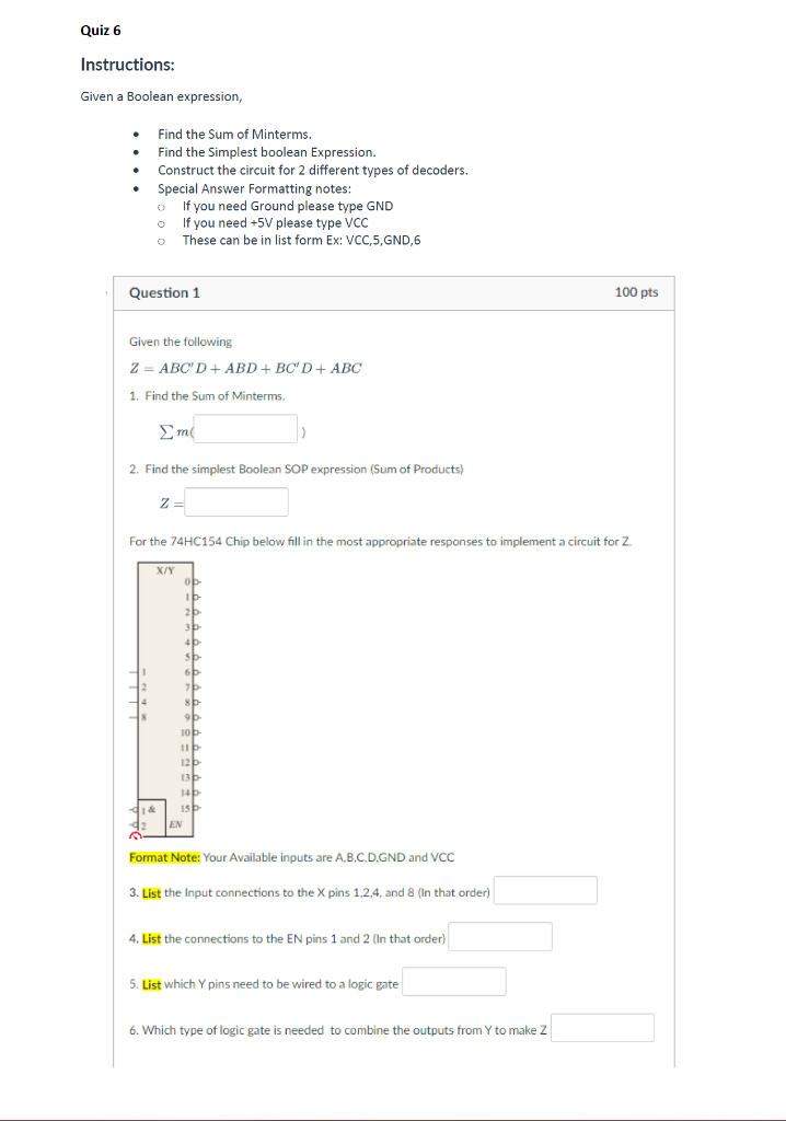 Solved Quiz 6 Instructions: Given a Boolean expression, - | Chegg.com
