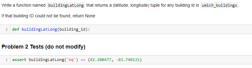Solved Write a function named buildingLatLong that returns a | Chegg.com