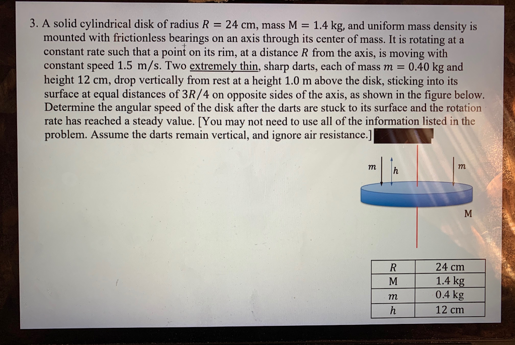 Solved 3. A solid cylindrical disk of radius R = 24 cm, mass | Chegg.com