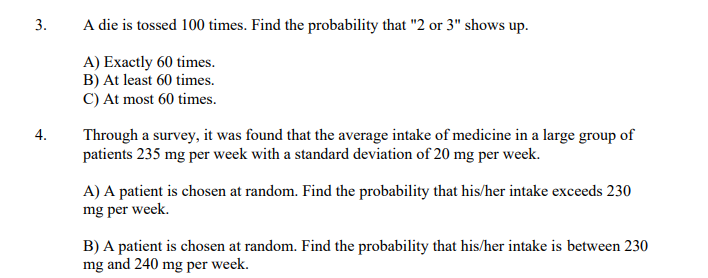Solved 3. A die is tossed 100 times. Find the probability | Chegg.com