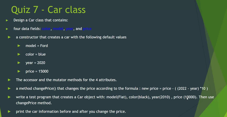 Solved Quiz 7 - Car class Design a Car class that | Chegg.com