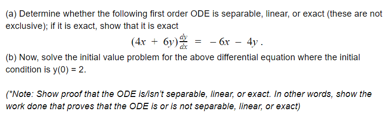 Solved (a) Determine whether the following first order ODE | Chegg.com