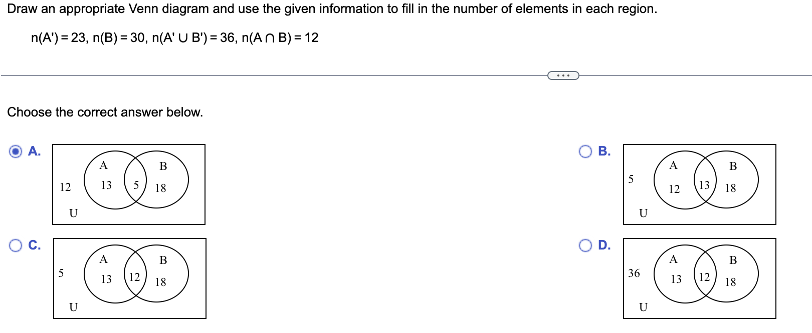 Solved n(A′)=23,n(B)=30,n(A′∪B′)=36,n(A∩B)=12 Choose the | Chegg.com