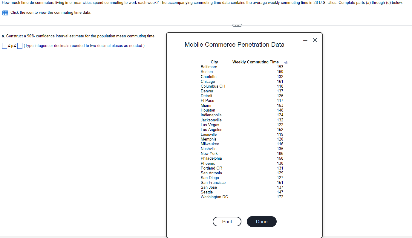 Solved Click the icon to view the commuting time data. a. | Chegg.com