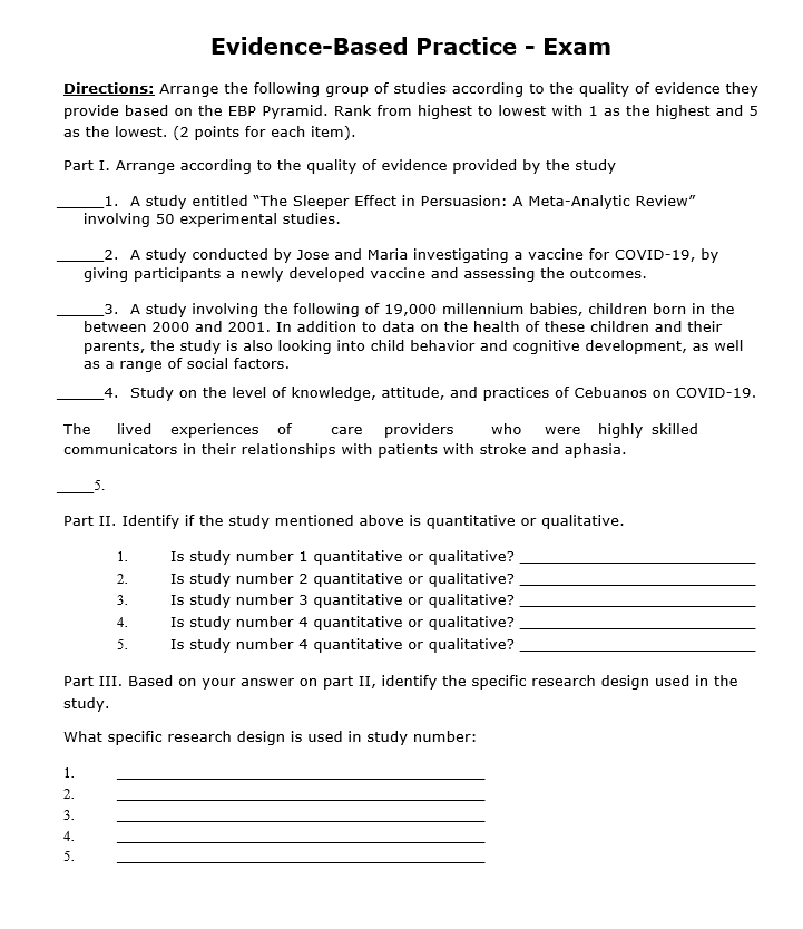 Evidence-Based Practice - Exam Directions: Arrange | Chegg.com