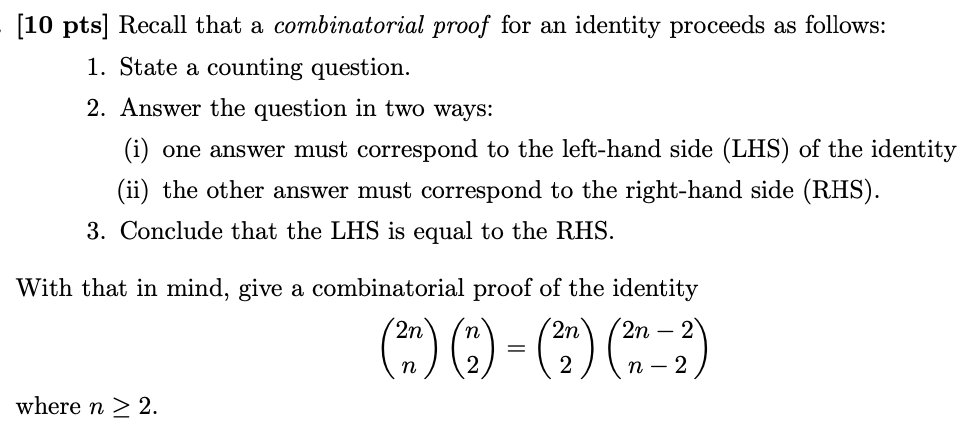 Solved (10 pts] Recall that a combinatorial proof for an | Chegg.com