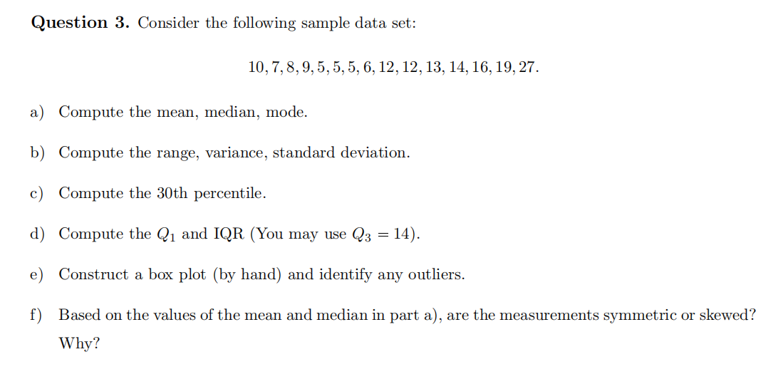 Solved Question 3. Consider the following sample data set: | Chegg.com