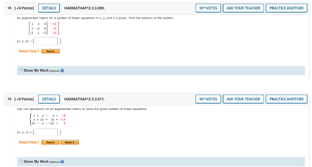 Solved An augmented matrix for a system of linear equations | Chegg.com