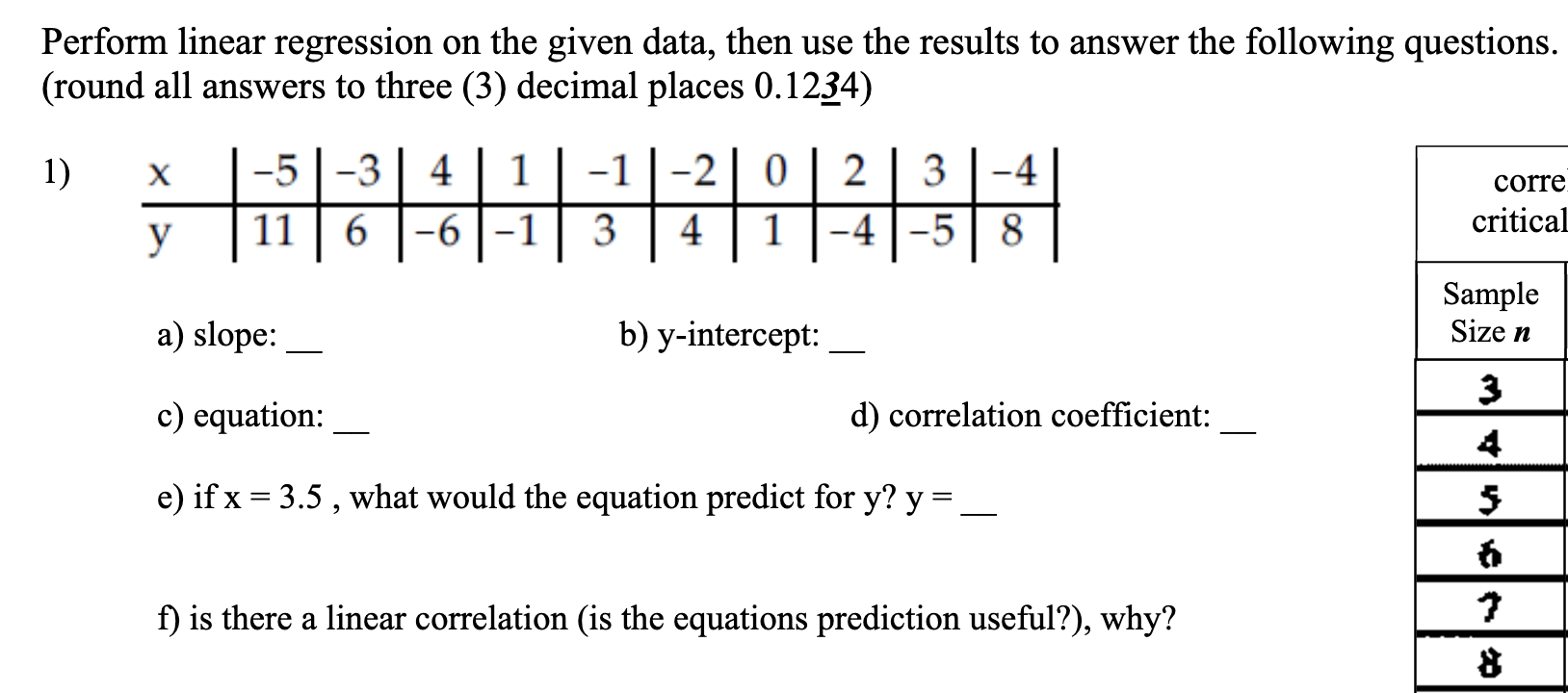 Solved Perform linear regression on the given data, then use | Chegg.com
