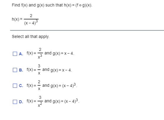Solved Find f(x) and g(x) such that h(x)=(fog)(x) I also | Chegg.com