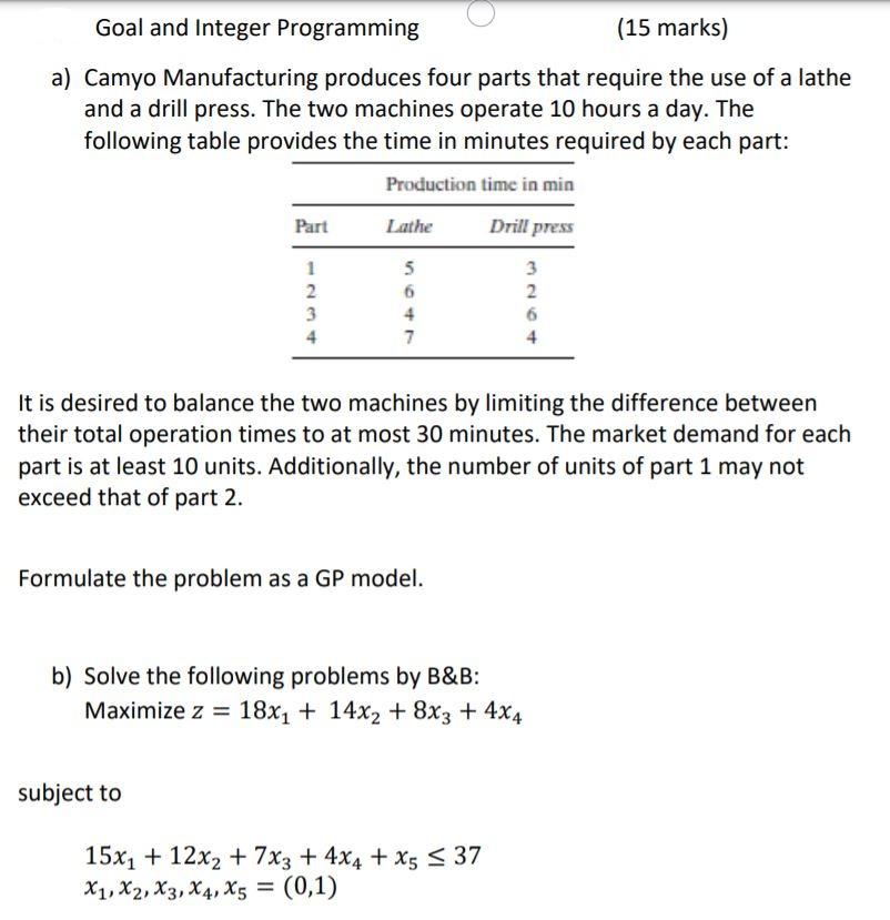 Solved Goal and Integer Programming (15 marks) a) Camyo | Chegg.com