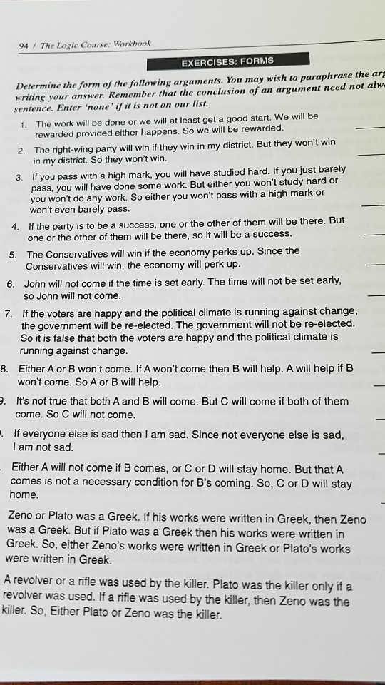 94 The Logic Course: Workbook EXERCISES: FORMS | Chegg.com