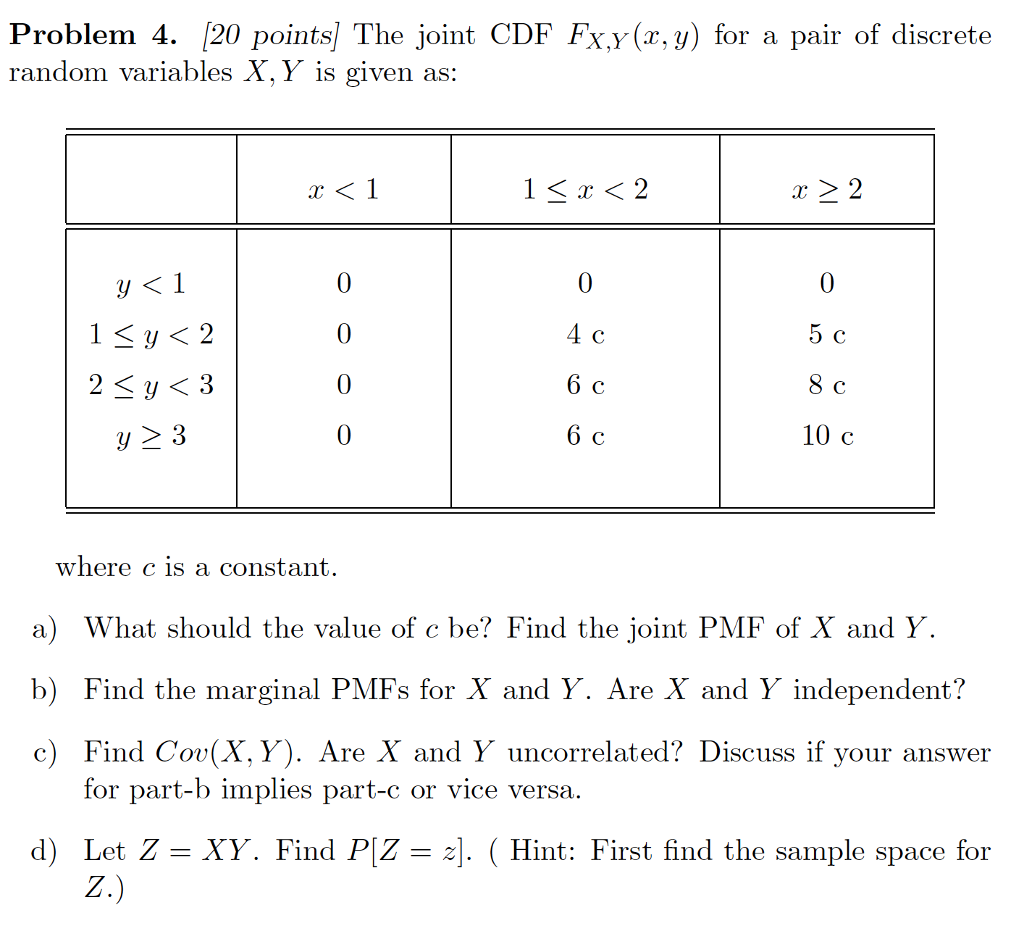 Solved Problem 4. /20 points. The joint CDF Fx,y(x,y) for a | Chegg.com