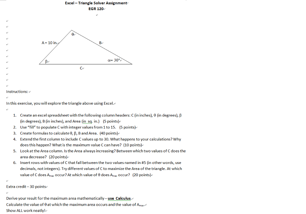 Solved Excel Triangle Solver Assignment EGR 120 0 A 10 in. | Chegg.com