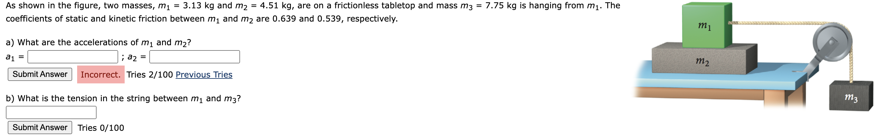 Solved As shown in the figure, two masses, m1=3.13kg ﻿and | Chegg.com