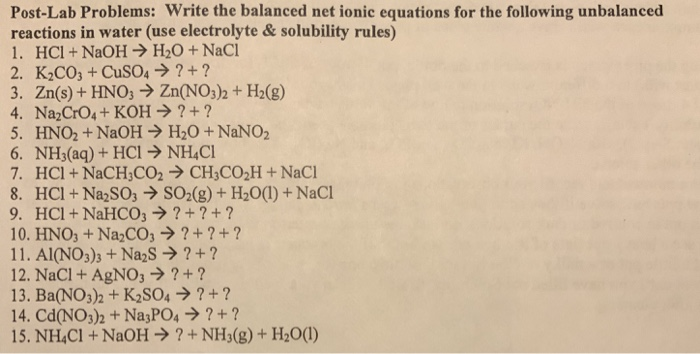Solved Post-Lab Problems: Write the balanced net ionic | Chegg.com