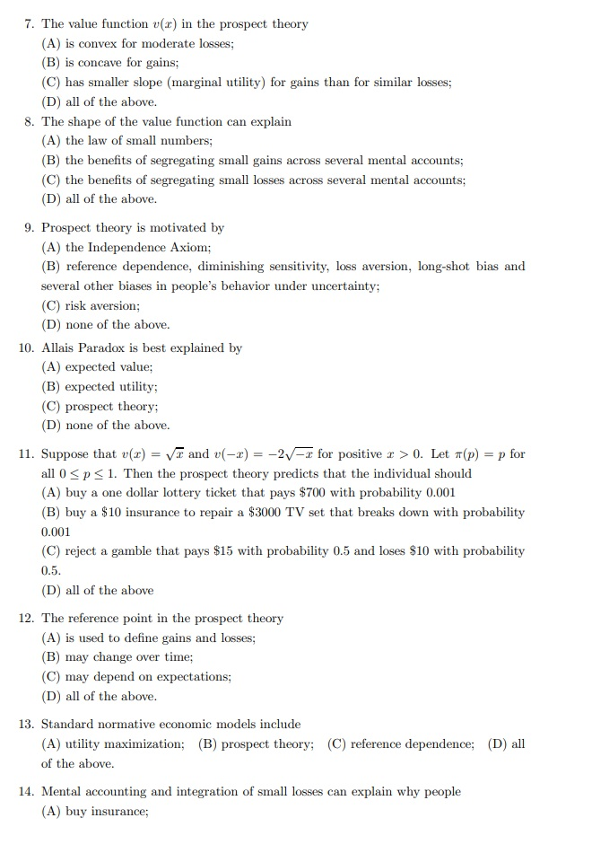 7. The value function v(x) in the prospect theory (A) | Chegg.com