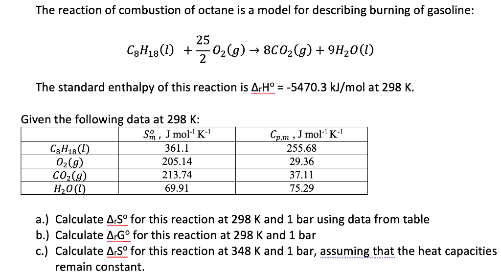 Solved The reaction of combustion of octane is a model for | Chegg.com