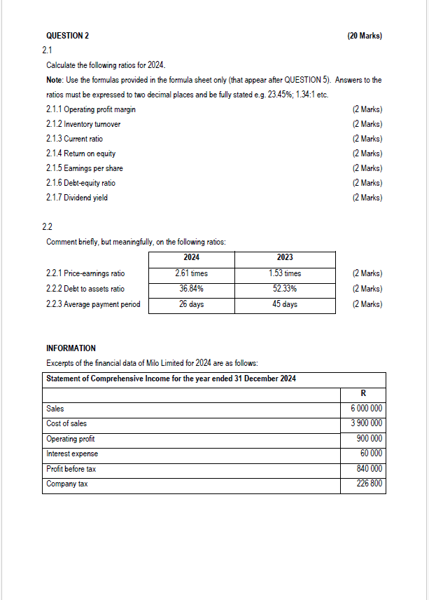 Solved QUESTION 2 2.1 ﻿Calculate the following ratios for | Chegg.com