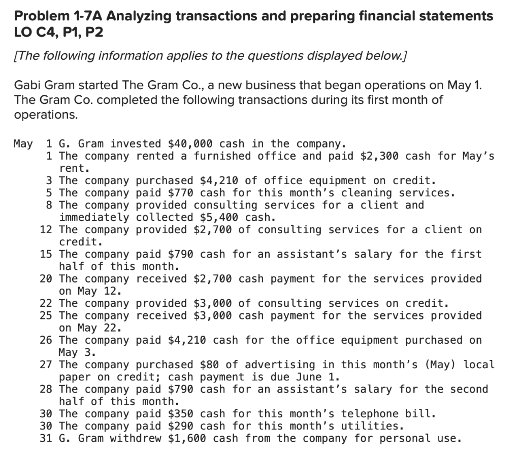 Solved Problem 1-7A Analyzing transactions and preparing | Chegg.com